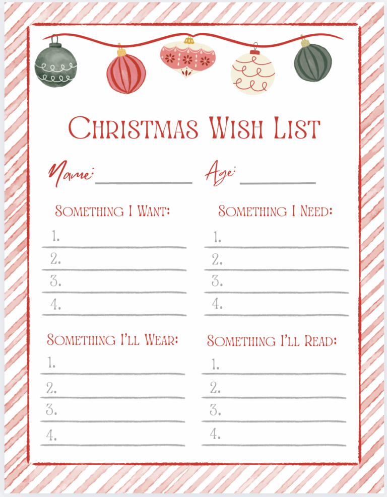 Free Printable Christmas Wish List for Kids – Want, Need, Wear, Read ...